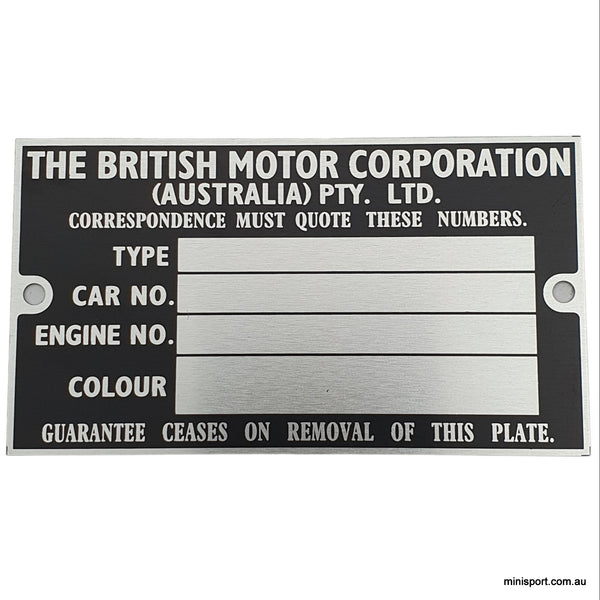 MINI ID PLATE- BRITISH MOTOR CORPORATION (AUSTRALIA PTY LTD) [ID-PLATE ...
