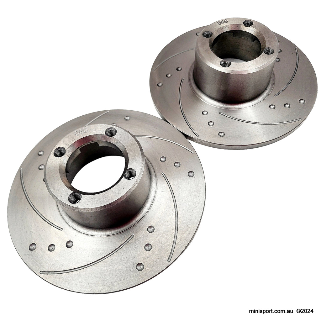 Mini 8.4 solid disc, cross drilled and slotted PAIR – Minisport