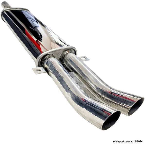 DTM twin upswept muffler, stainless steel, center exit – Minisport
