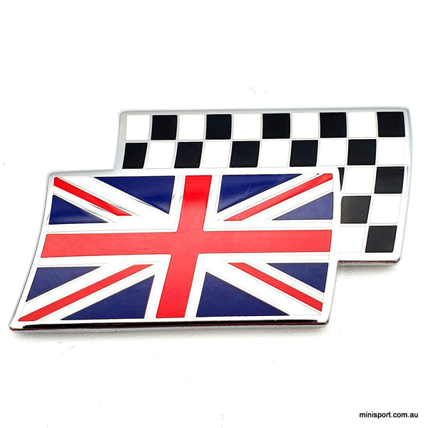 MINI UNION JACK ON CHEQUERED FLAG STICK ON BADGE 25x45mm – Minisport